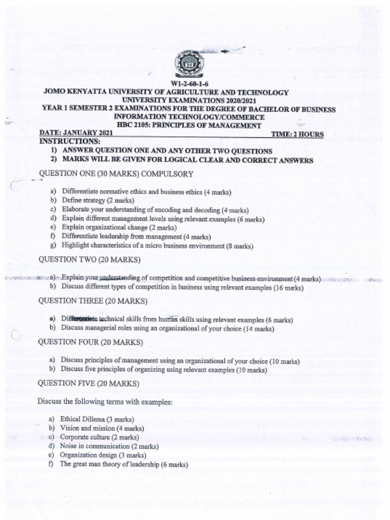 HBC 2105 Principles of Management January 2021 | PDF