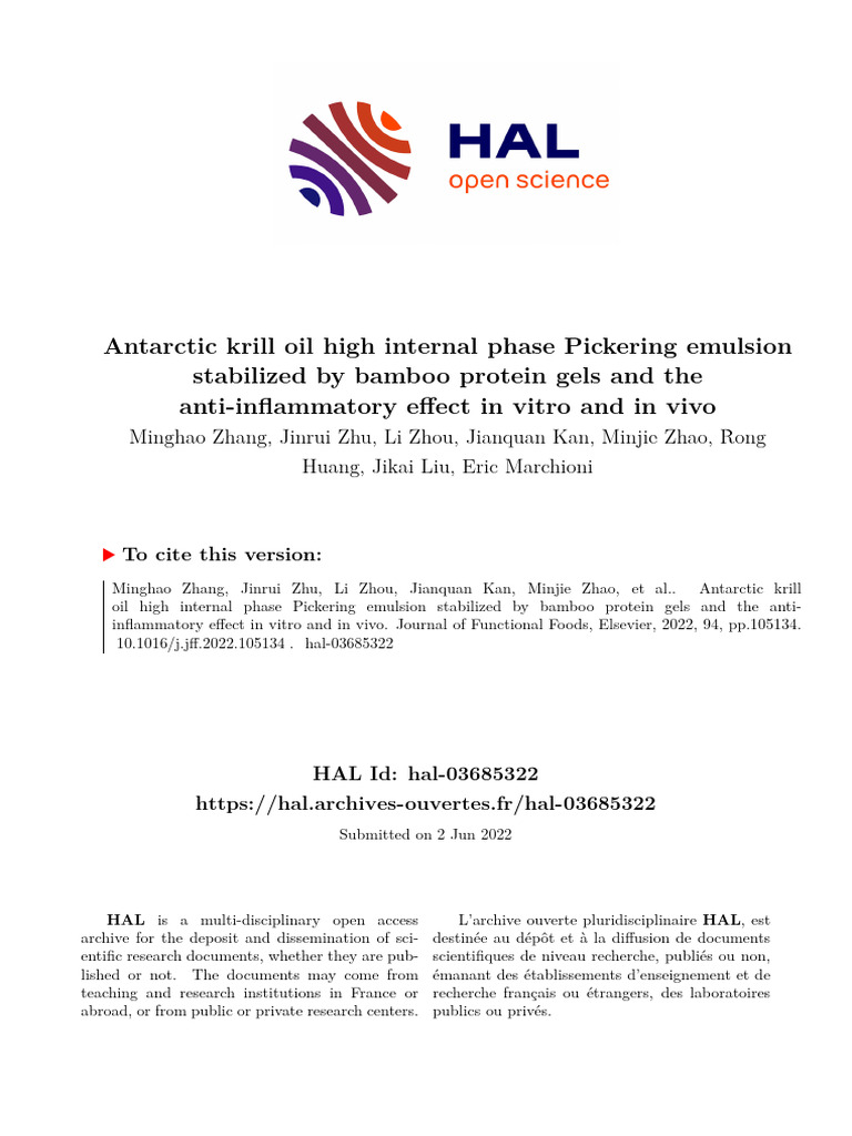Antarctic Krill Oil High Internal Phase Pickering | PDF | Digestion | Lipopolysaccharide