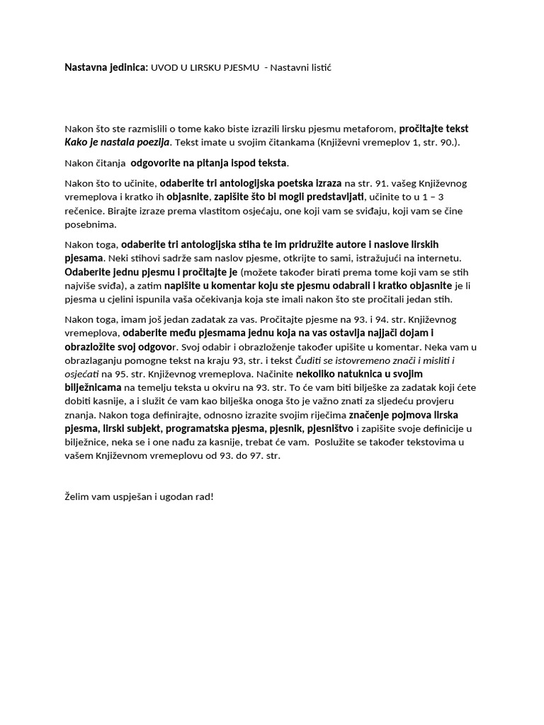 UVOD U LIRSKU PJESMU - Nastavni Listi | PDF