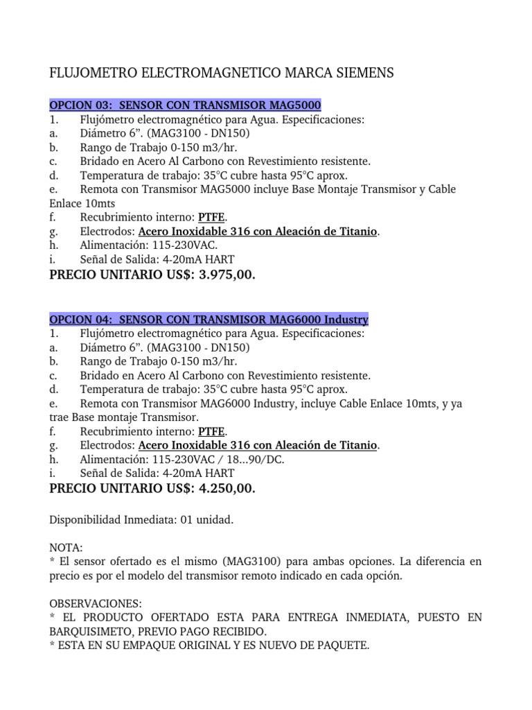 Flujómetro Electromagnético Siemens 6" | PDF