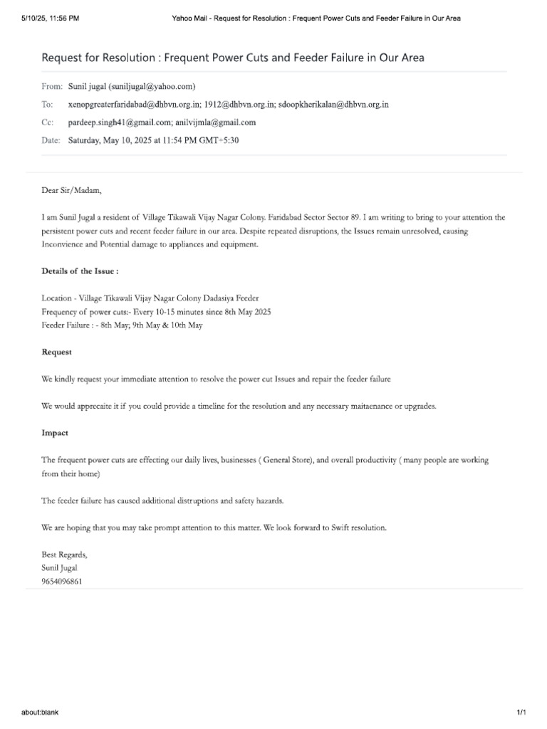 Request For Resolution Frequent Power Cuts and Feeder Failure in Our Area | PDF