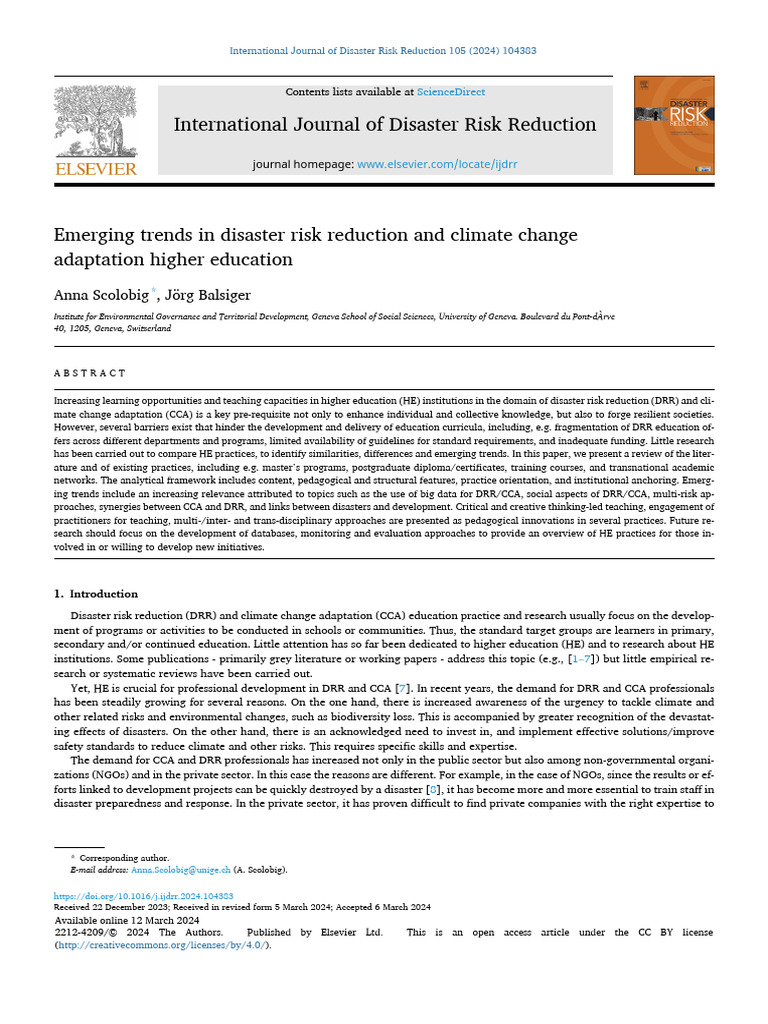 Emerging Trends in Disaster Risk Reduction and CC Adaption HE | PDF ...