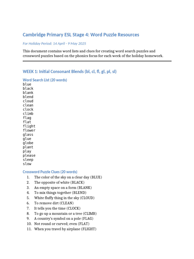 ESL Word Puzzles for Holiday Homework | PDF | Word Search
