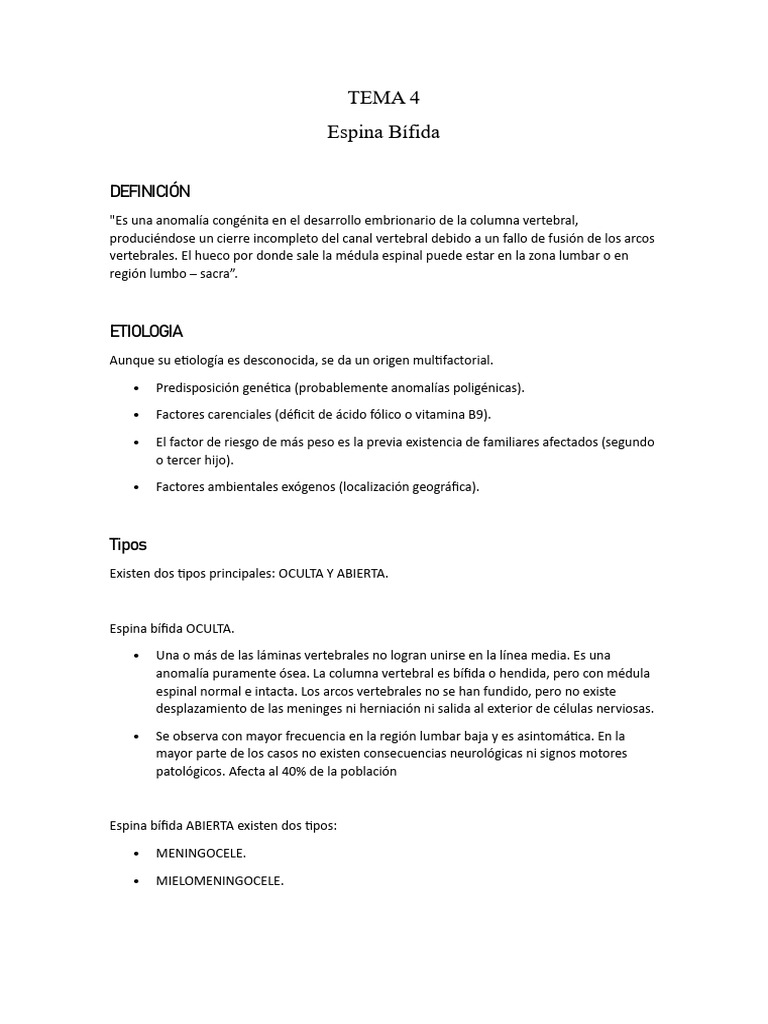 TEMA 4 espina bifida | PDF | Especialidades Medicas | Enfermedades y trastornos