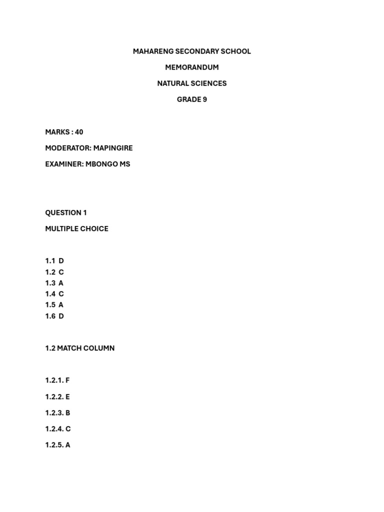 Natural Sciences Grade 9 Term Test Memo | PDF