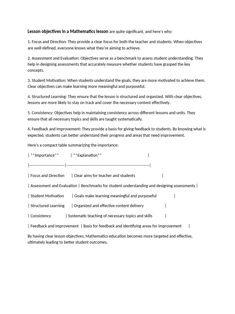 Importance of Lesson Objectives in Math | PDF