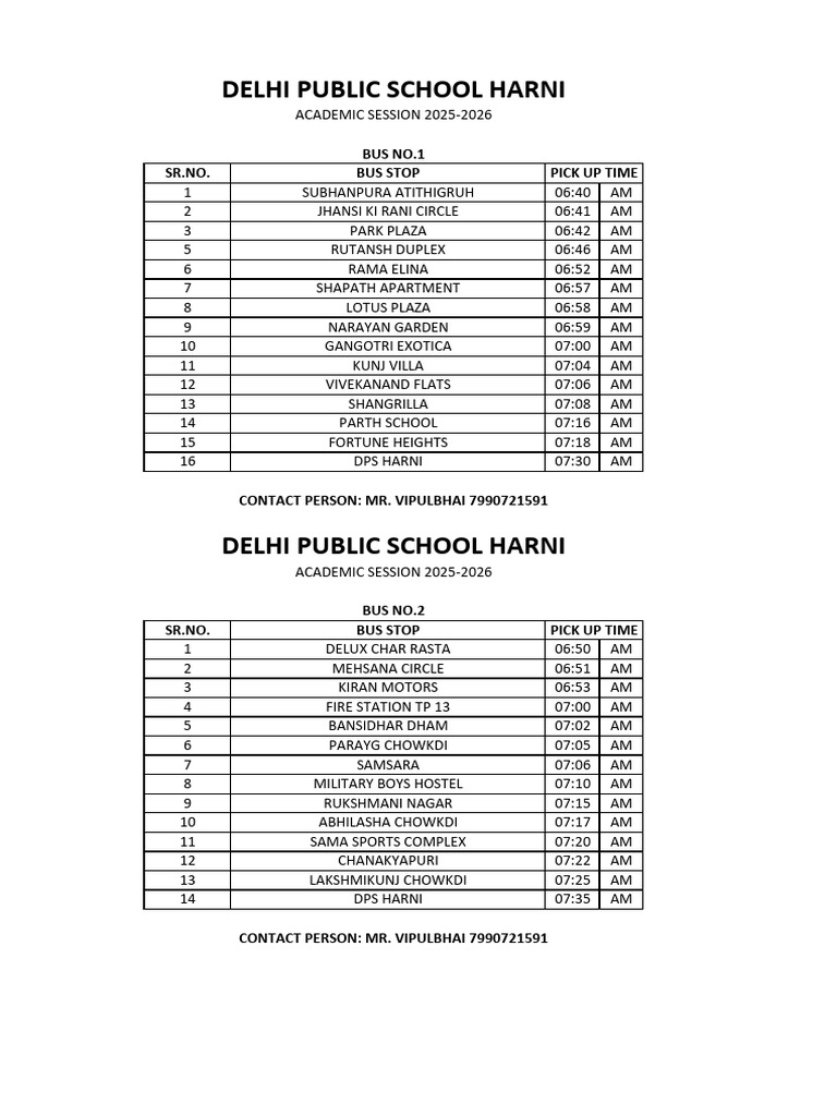 Delhi Public School Harni: SR - NO. Bus Stop Bus No.1 Pick Up Time | PDF