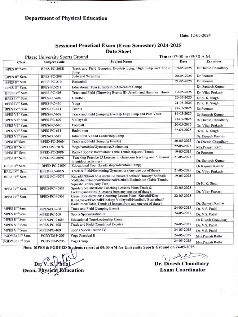Sessional Practical Exam Date Sheet For Even Semester | PDF