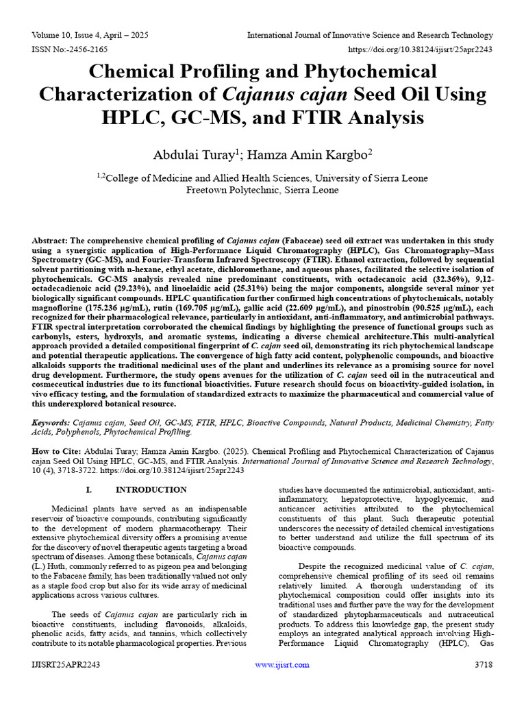 Chemical Profiling and Phytochemical Characterization of Cajanus Cajan Seed Oil Using HPLC, GC ...