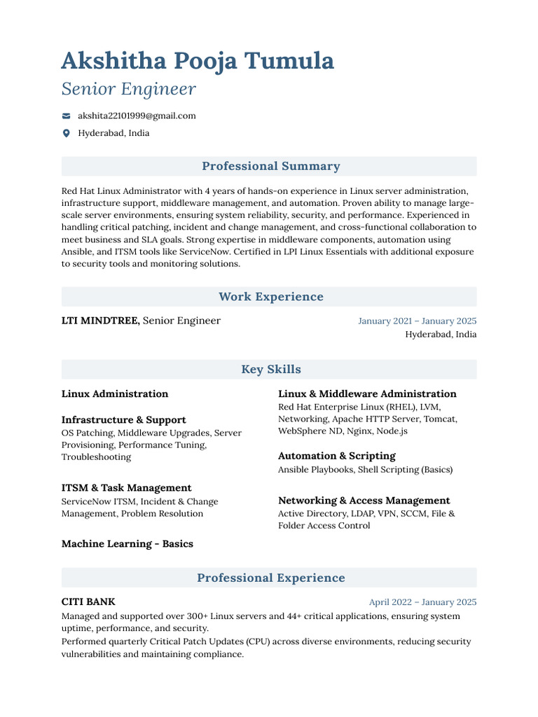 Akshitha Pooja Resume Linux | PDF | Linux | Computer Science