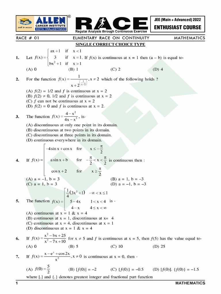 Race (Continuity & Differentiability) 2021 | PDF