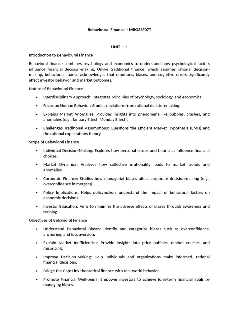 Behavioural Finance - Notes | PDF | Behavioral Economics | Short (Finance)