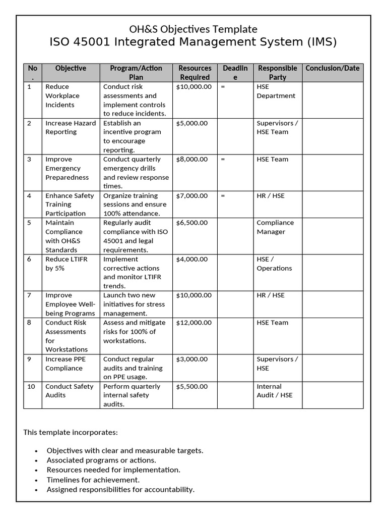 OHS Objectives Template | PDF | Audit | Occupational Safety And Health