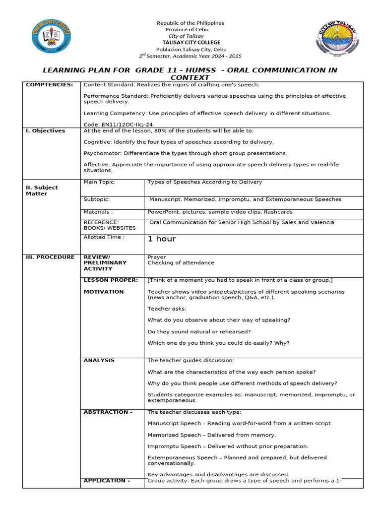 Grade 11 Oral Communication Learning Plan | PDF | Teachers | Communication