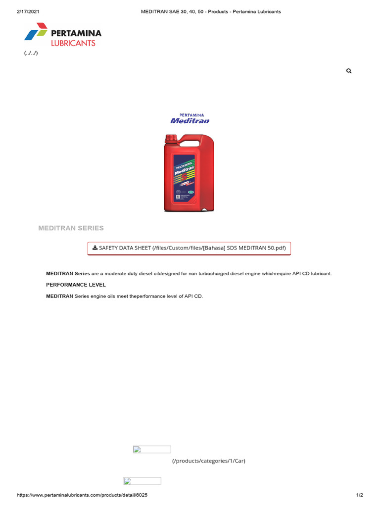 MEDITRAN SAE 30, 40, 50 - Products - Pertamina Lubricants | PDF ...