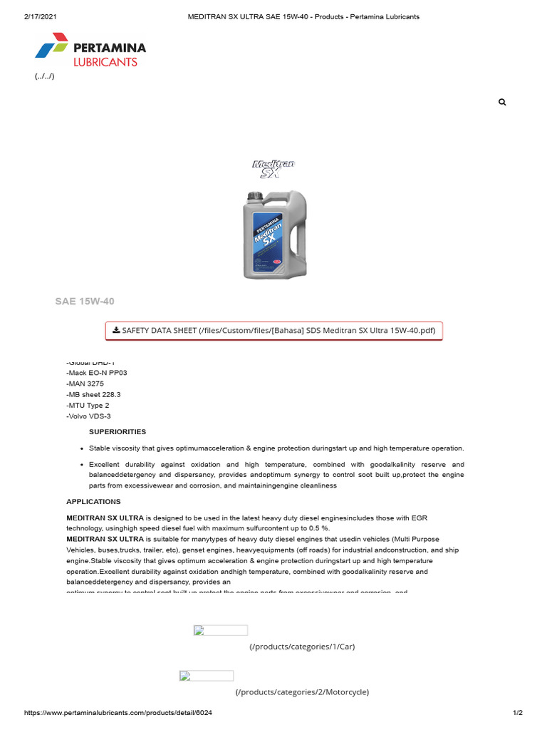 MEDITRAN SX ULTRA SAE 15W-40 - Products - Pertamina Lubricants | PDF ...