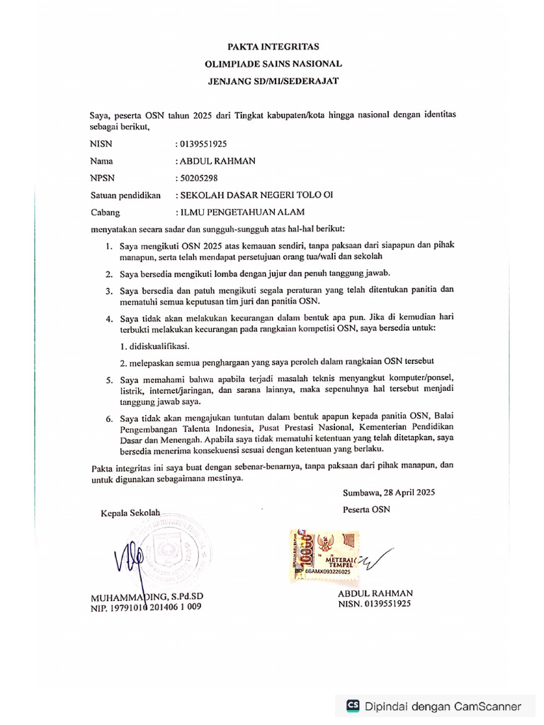 Pakta Integritas Abdul Rahman | PDF