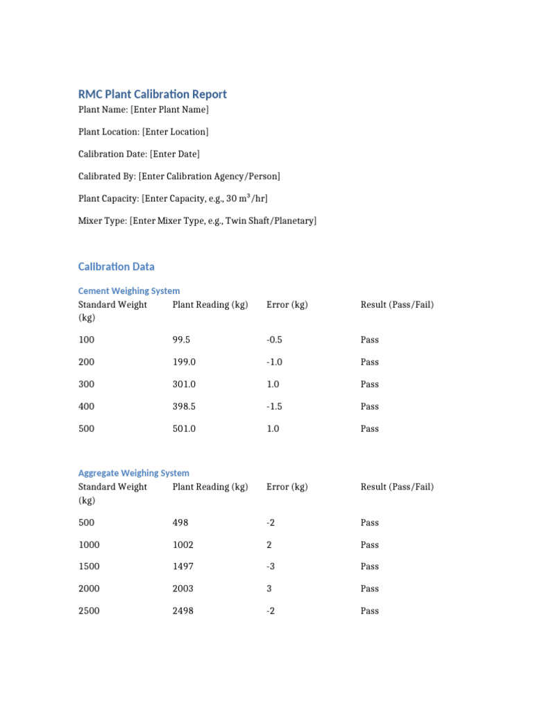 RMC Plant Calibration Report | PDF