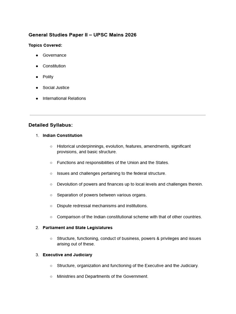 UPSC Mains 2026 GS Paper II Syllabus | PDF | Government | Governance