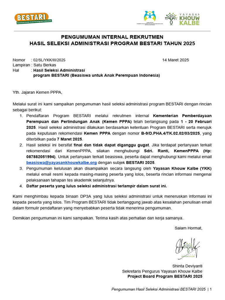 Surat Pengumuman Internal Rekrutmen Bestari - 14032025 (Final) | PDF