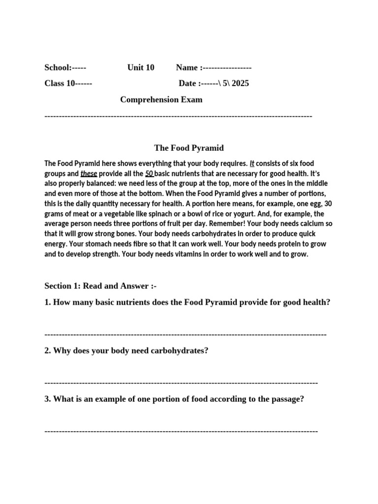 Unit 10 Class 10 The Food Pyramid Comprehension | PDF | Foods | Nutrients