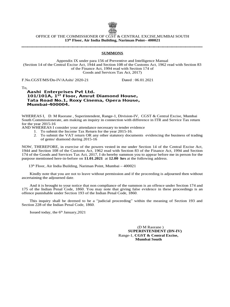 CGST Summons for Income Tax Inquiry | PDF | Government Finances | Taxes
