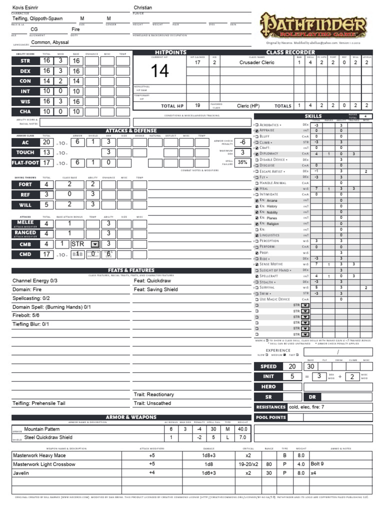 Neceros' Pathfinder RPG Character Sheet - LVL 2 Cleric | PDF | Fantasy ...