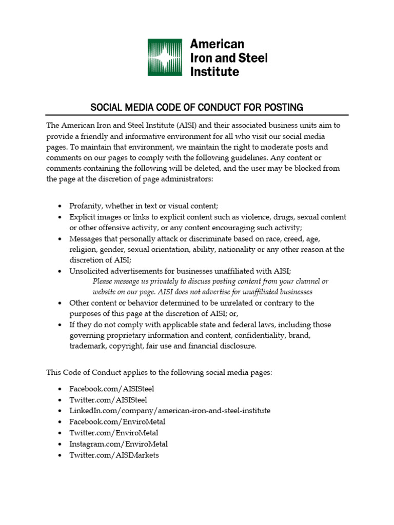 AISI SMDI Social Media Code of Conduct | PDF | Social Media | Popular ...
