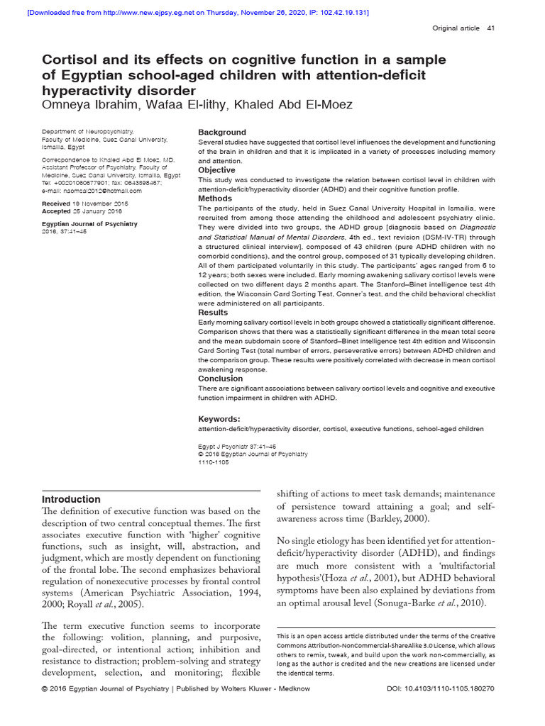 Cortisol and Its Effects On Cognitive Function in A Sample of Egyptian School-Aged Children ...