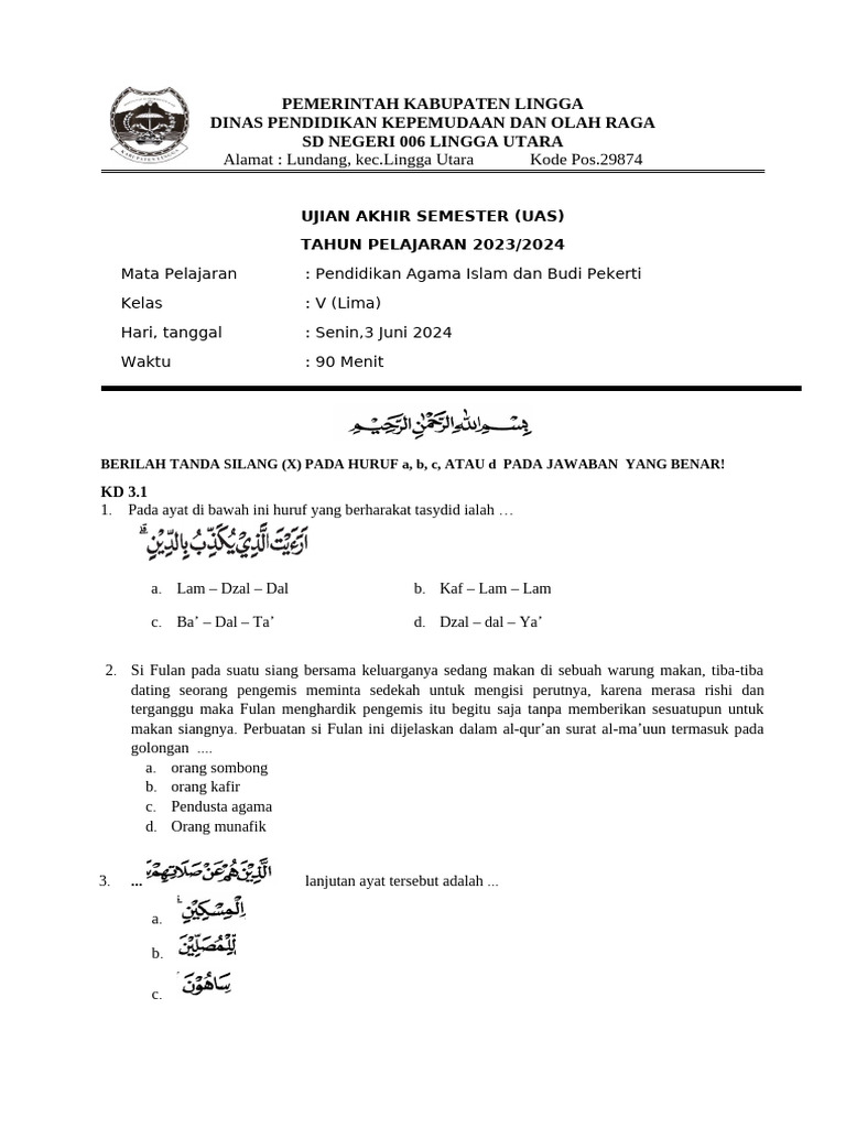 Soal Pai Kelas 5 Ujian Akhir Semester (Uas) | PDF