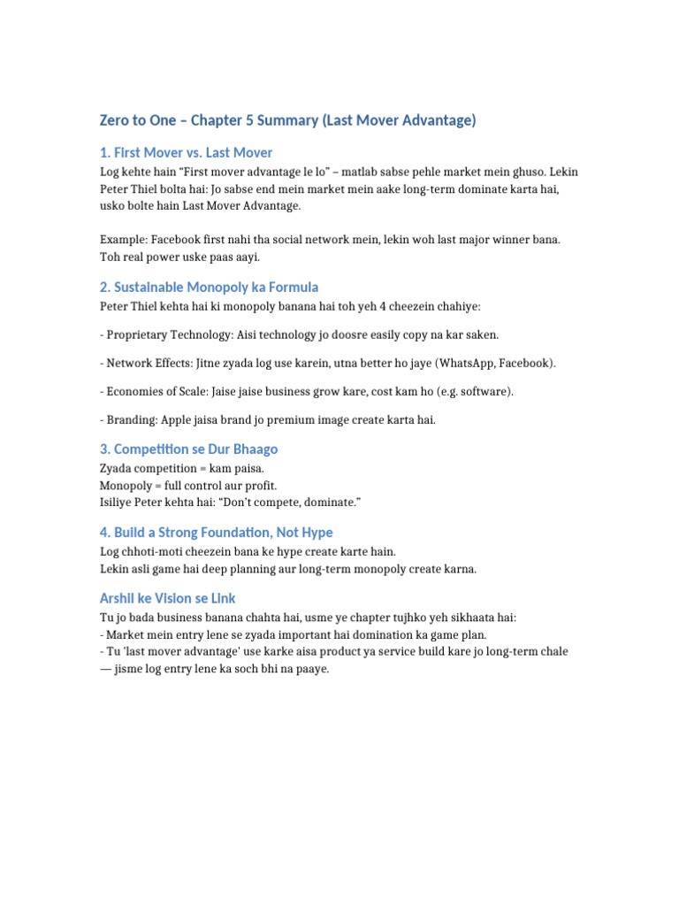 Zero To One Chapter 5 Summary by ChatGPT For Arshil | PDF