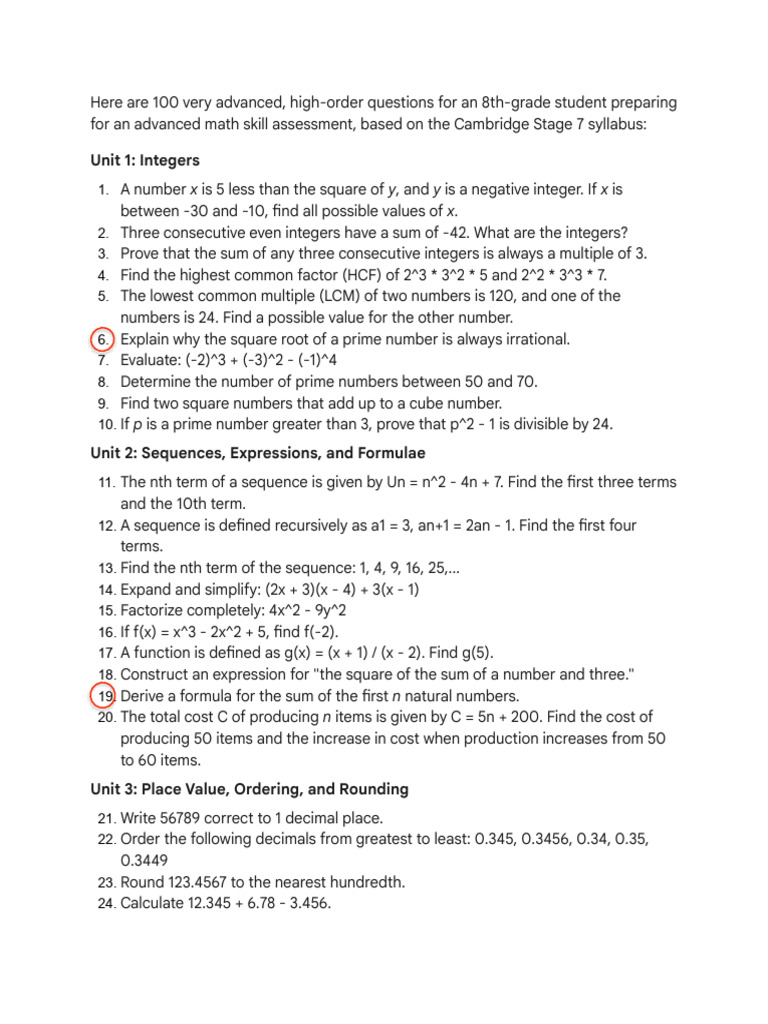 100 Advanced Math Questions (Cambridge Stage 7) | PDF | Numbers | Litre