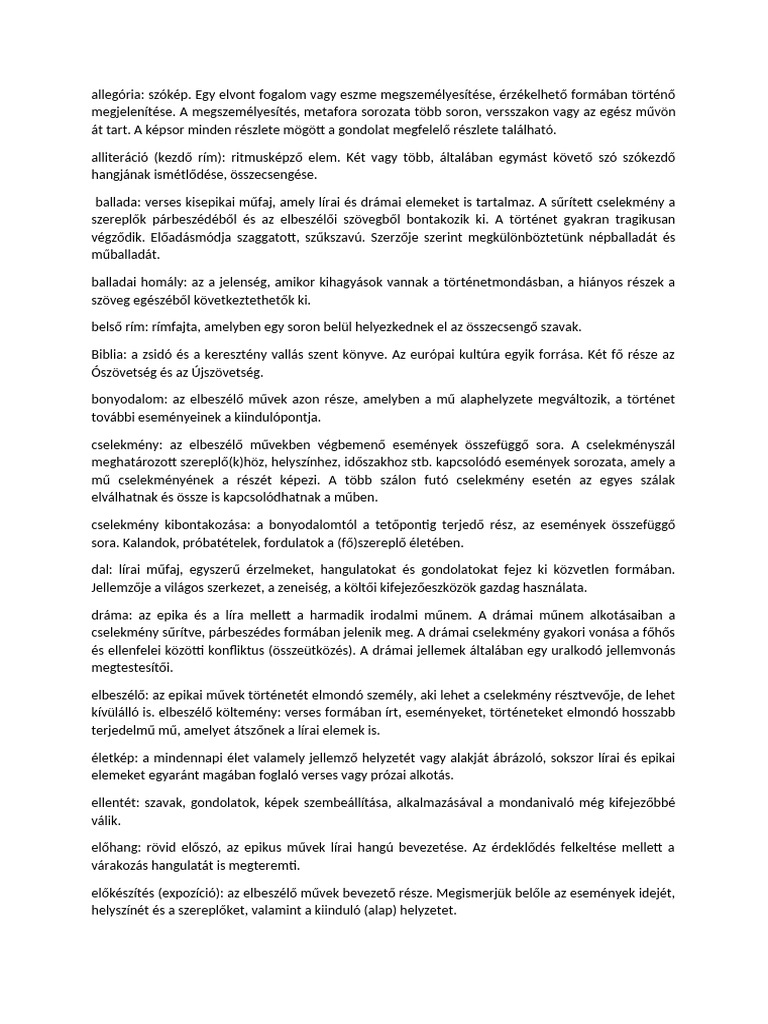 Fogalomtár Irodalom | PDF