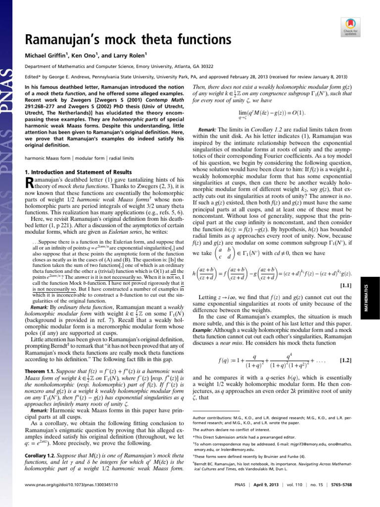 Griffin Et Al Ramanujan S Mock Theta Functions | PDF | Abstract Algebra | Number Theory