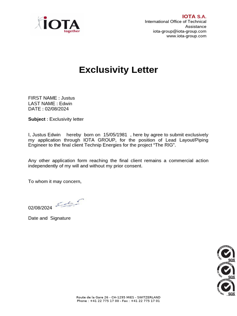 Exclusivity Letter US - Template | PDF