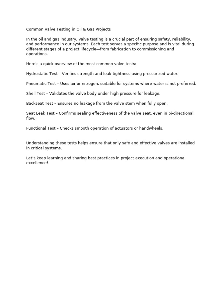 Common Valve Testing in Oil and Gas | PDF