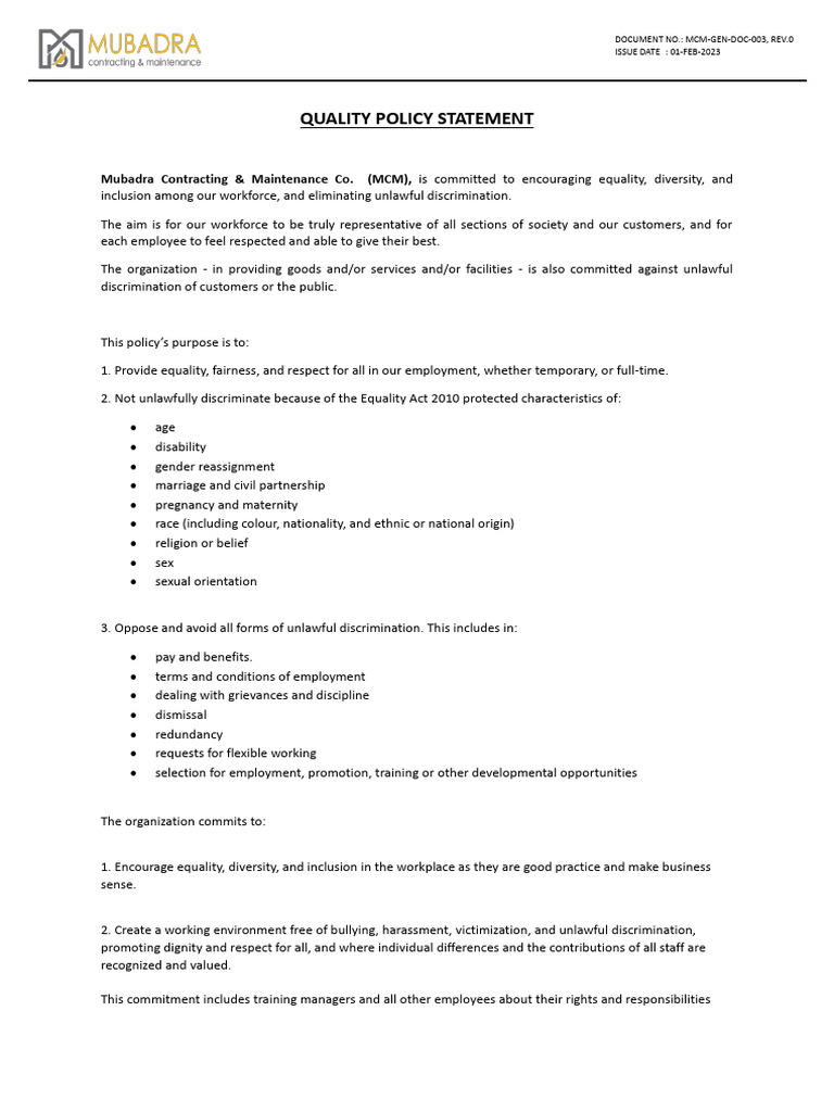 MCM-GEN-DOC-003, REV.0 QUALITY POLICY STATEMENT | PDF | Harassment | Discrimination