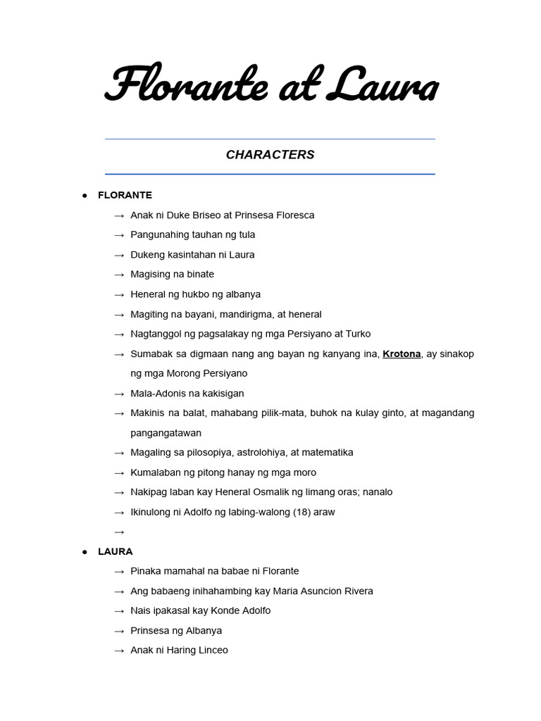 Florante at Laura - Reviewer - Characters | PDF