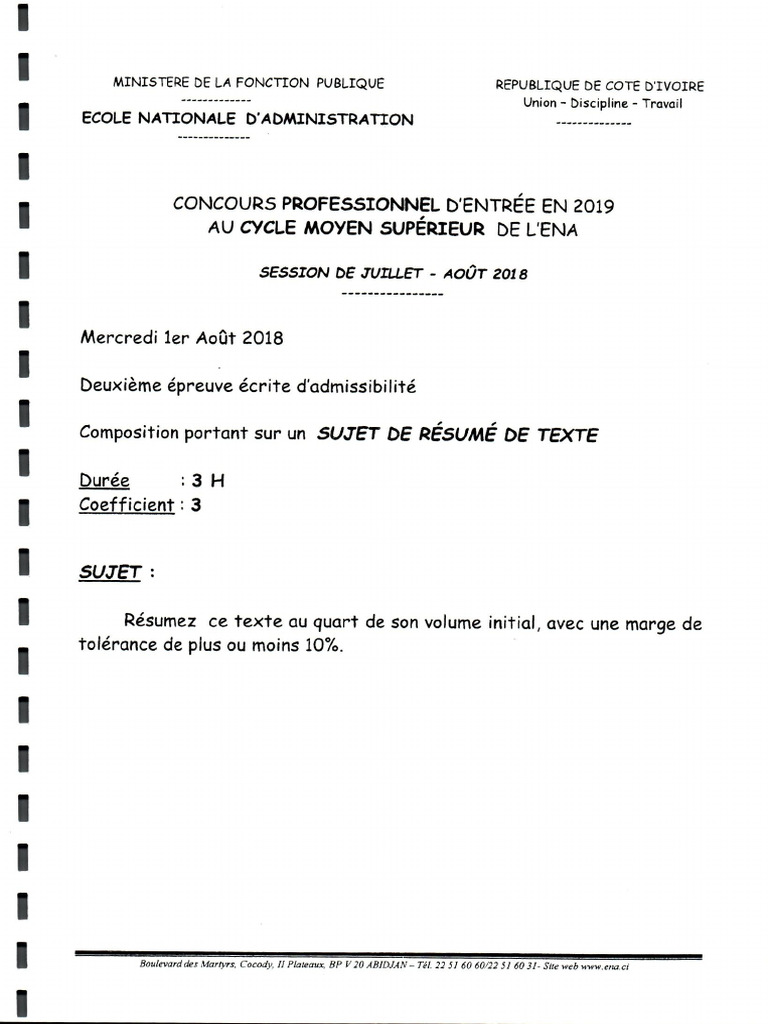 Sujet de Résumé de Texte - Ena Cms Pro - Session 2018 HD | PDF