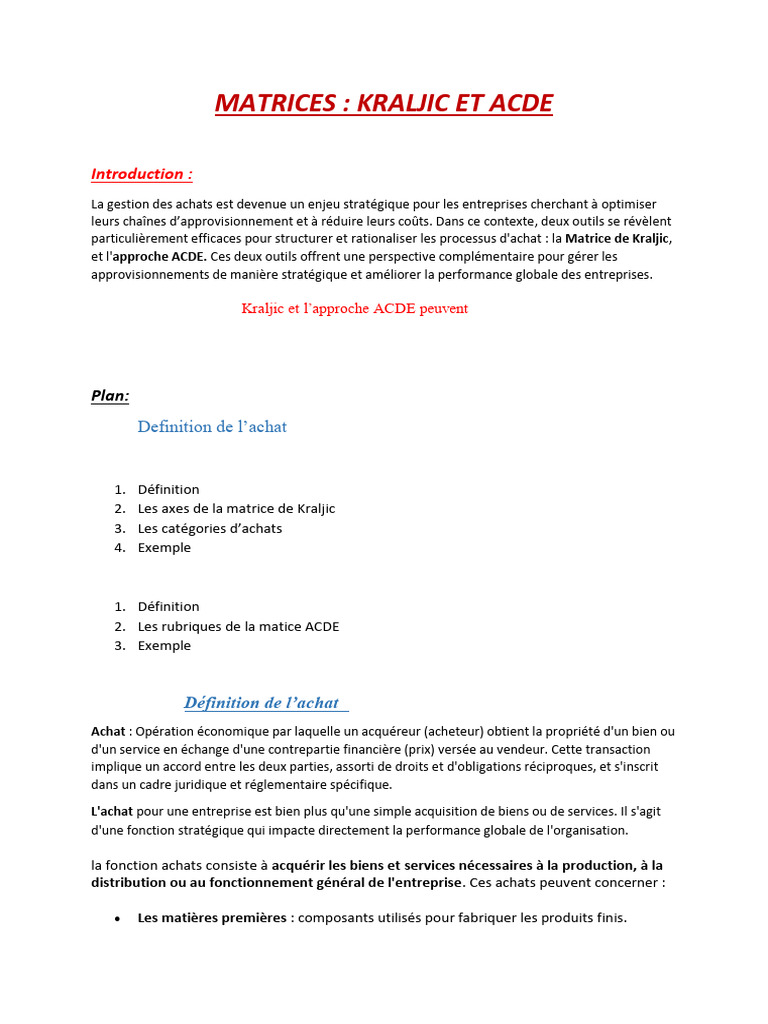 MATRICES Kraljic Et Acde | PDF | Business | Marché (Économie)