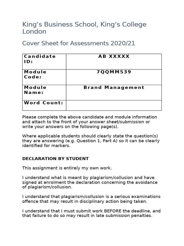 7QQMM539 Brand Management - KBS Cover Sheet | PDF