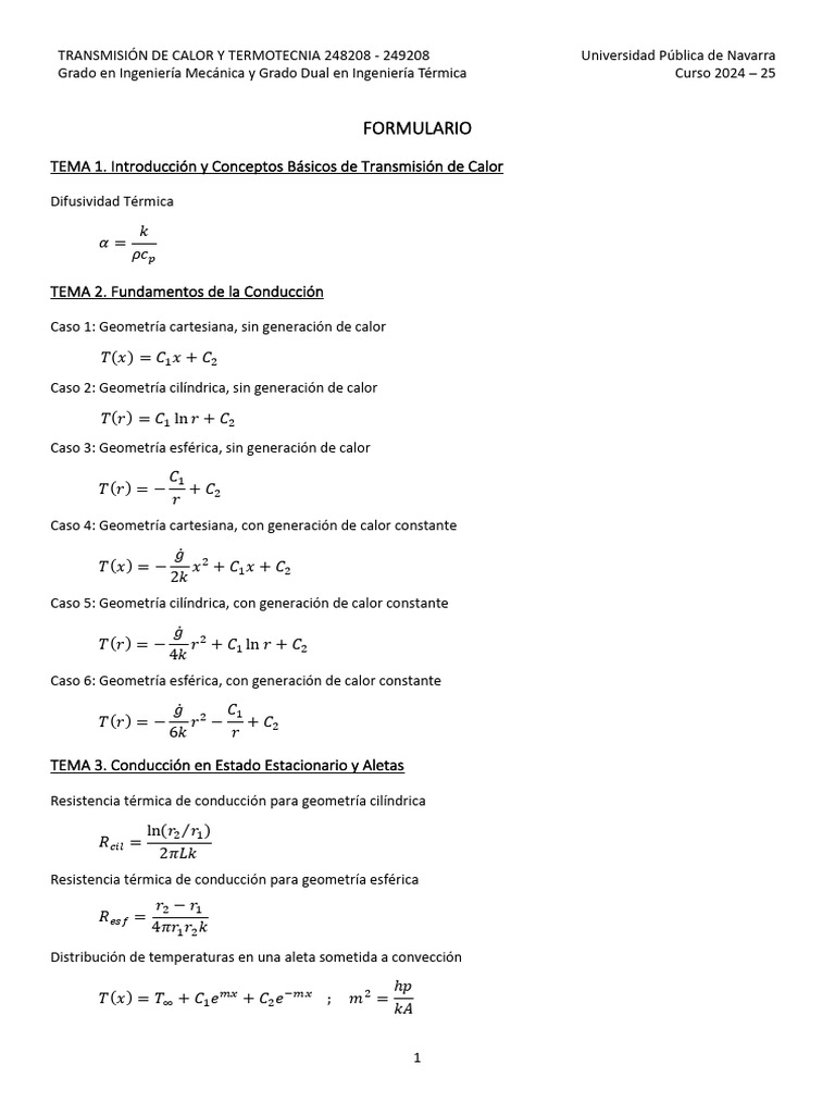 2024 25 Formulario | PDF | Conduccion termica | Convección