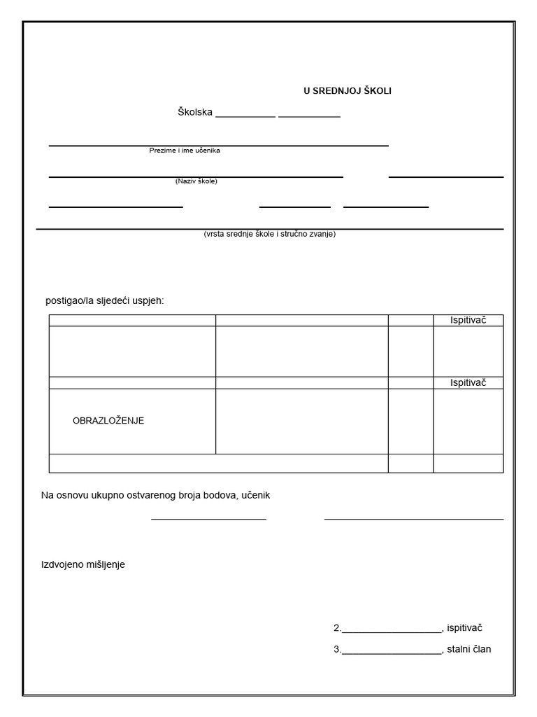 Obrazac Br4a Zapisnik Srednjeskole MATURSKIRAD | PDF