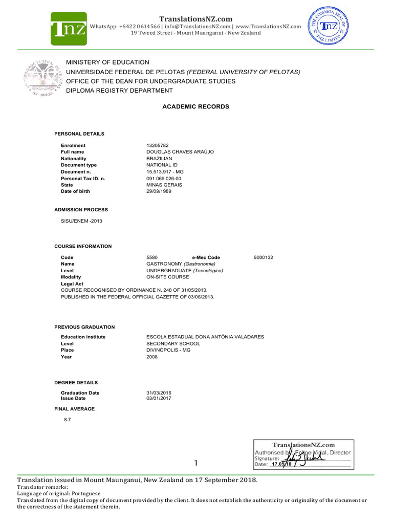 Translation of Brazilian Academic Record | PDF | Gastronomy