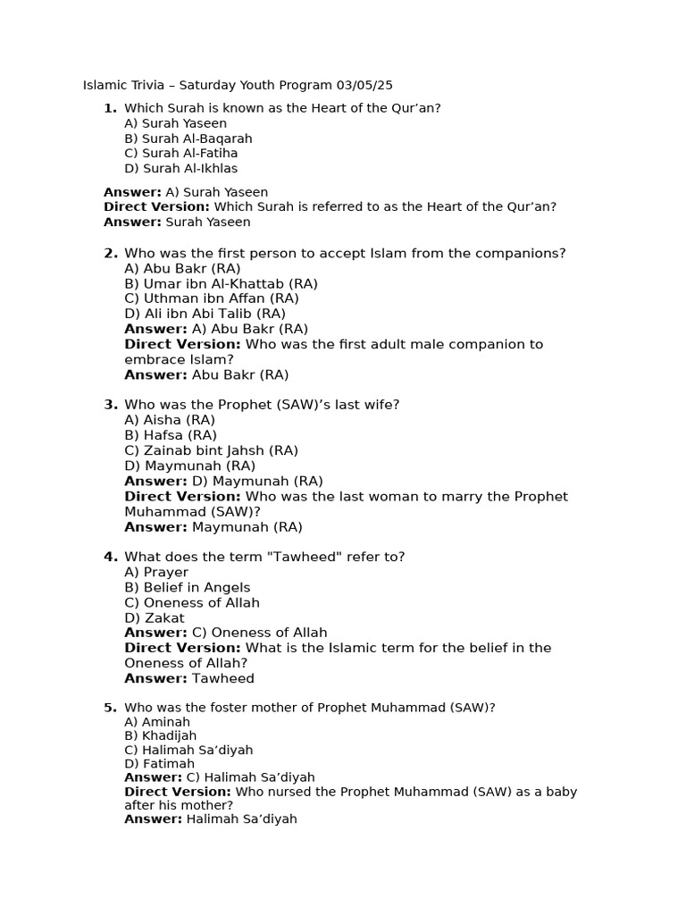 Islamic Trivia Questions 03-05 | PDF | Muhammad | Surah