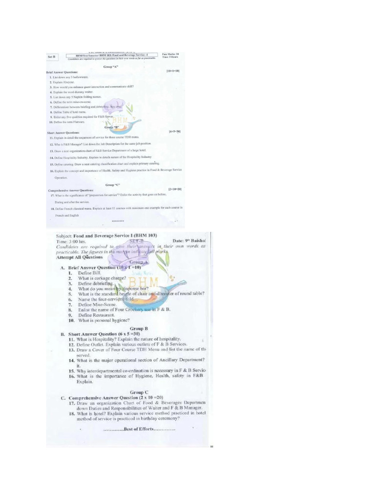 Food&Beverage - TU Based Question (BHM) | PDF