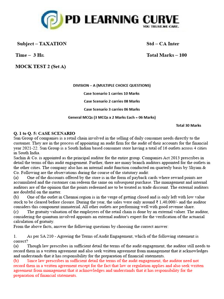 PDLC Audit Mock 2 (Set a) A | PDF | Auditor's Report | Audit