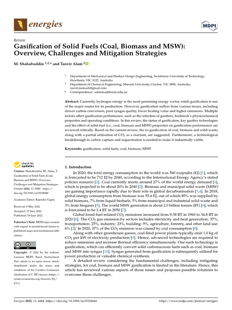 Gasification of Solid Fuels (Coal, Biomass and MSW) Overview, Challenges and Mitigation ...