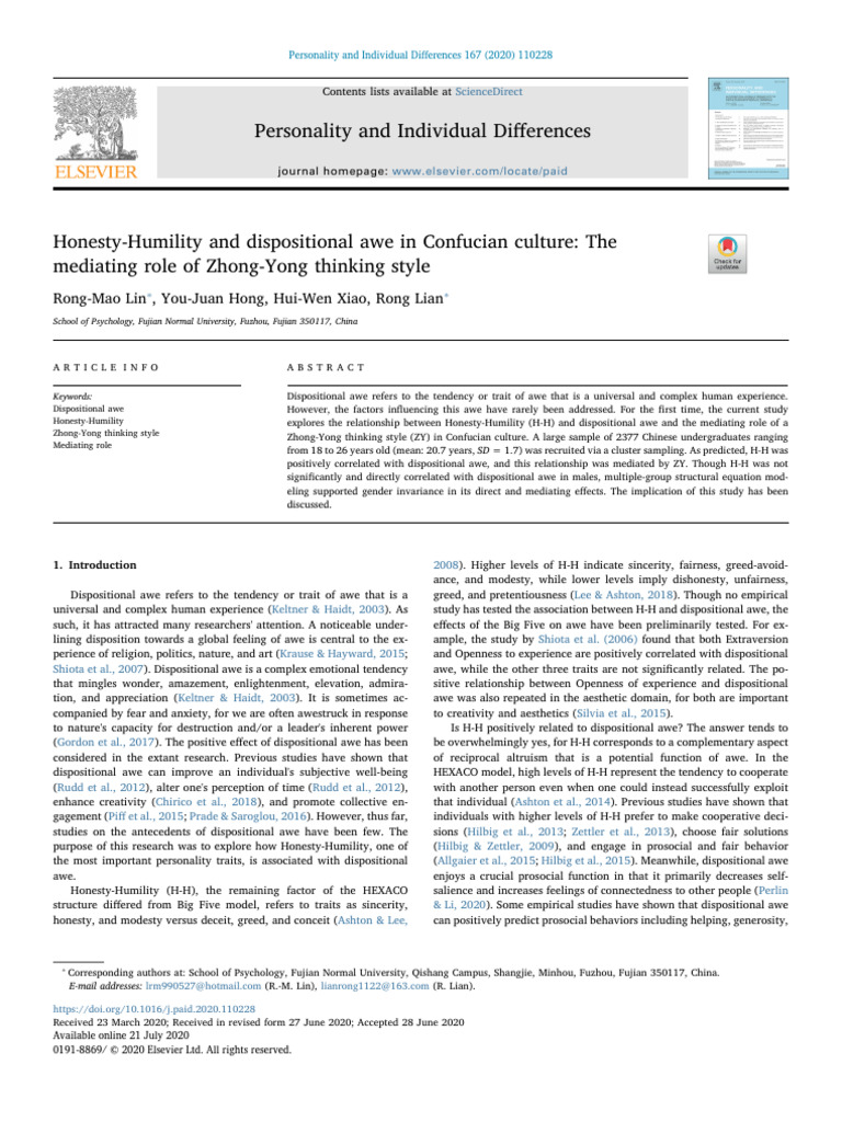 Honesty Humility and Dispositional Awe in Confucian - 2020 ...