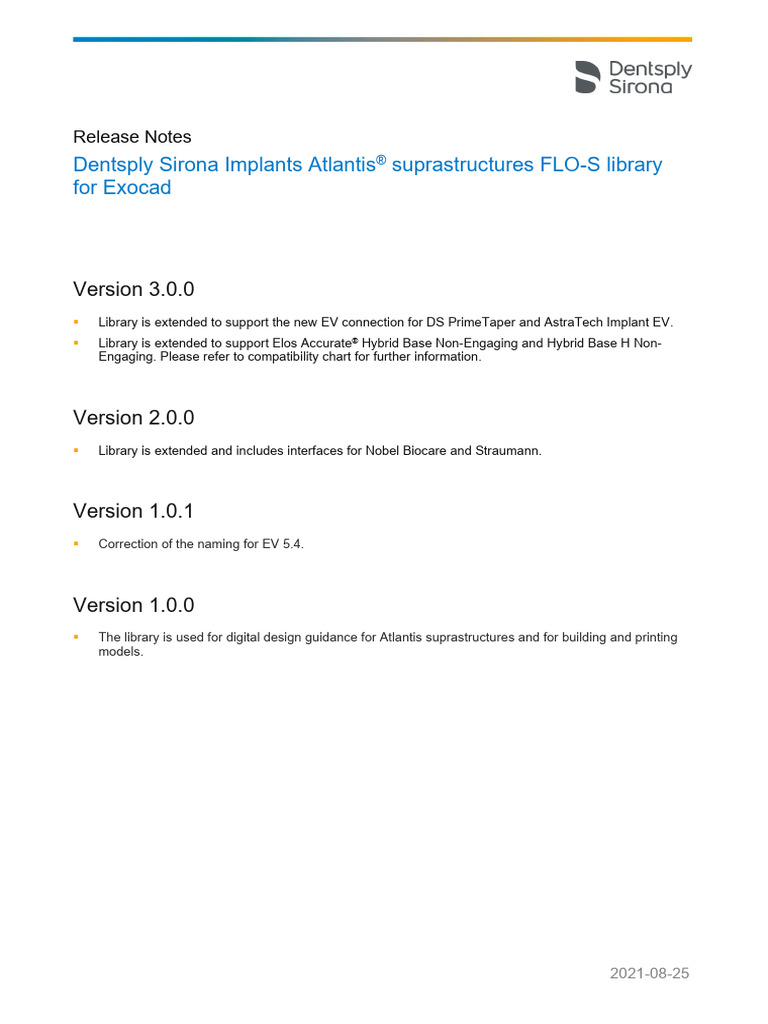 ReleaseNotes Atlantis FLO-S Library 3.0.0 For Exocad | PDF
